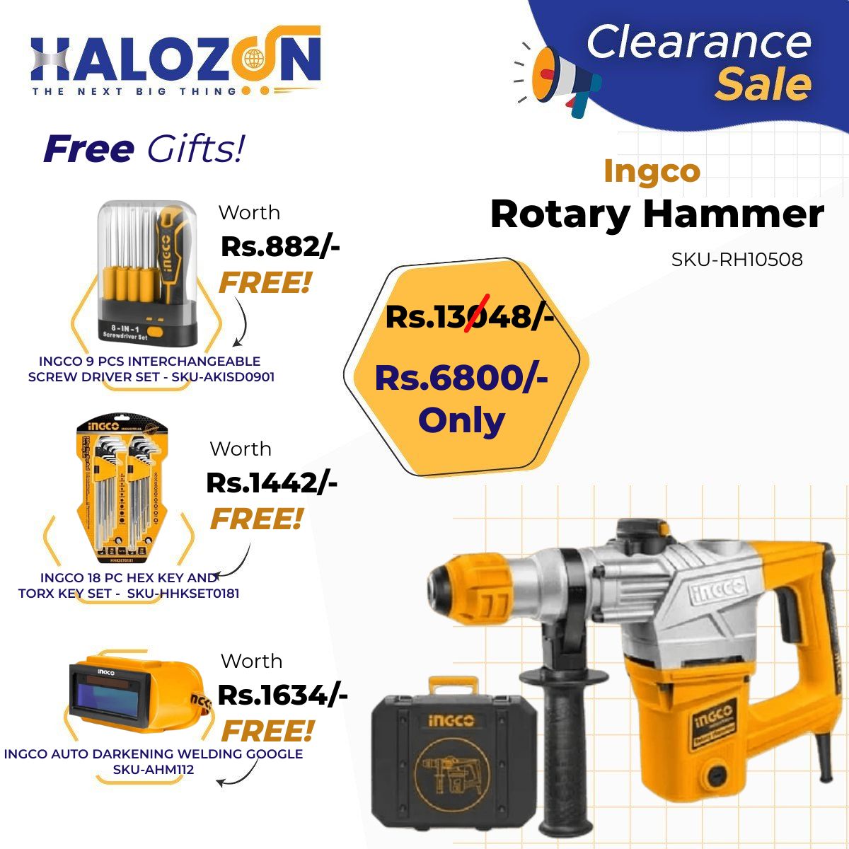 Ingco Rotary hammer - FREE GIFTS - 1.(AKISD0901) 2.(HHKSET0181) 3.(AHM ...